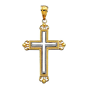 14k 2 Tone Gold Diamond Cut And Milgrain Finish Cross Pendant