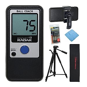 Pocket Radar Ball Coach/Pro-Level Speed Training Tool and Radar Gun Bundle with 360-Degree Rotating Tripod Mount and Tripod Stand with Carrying Bag and Rechargeable Batteries (3 Items)
