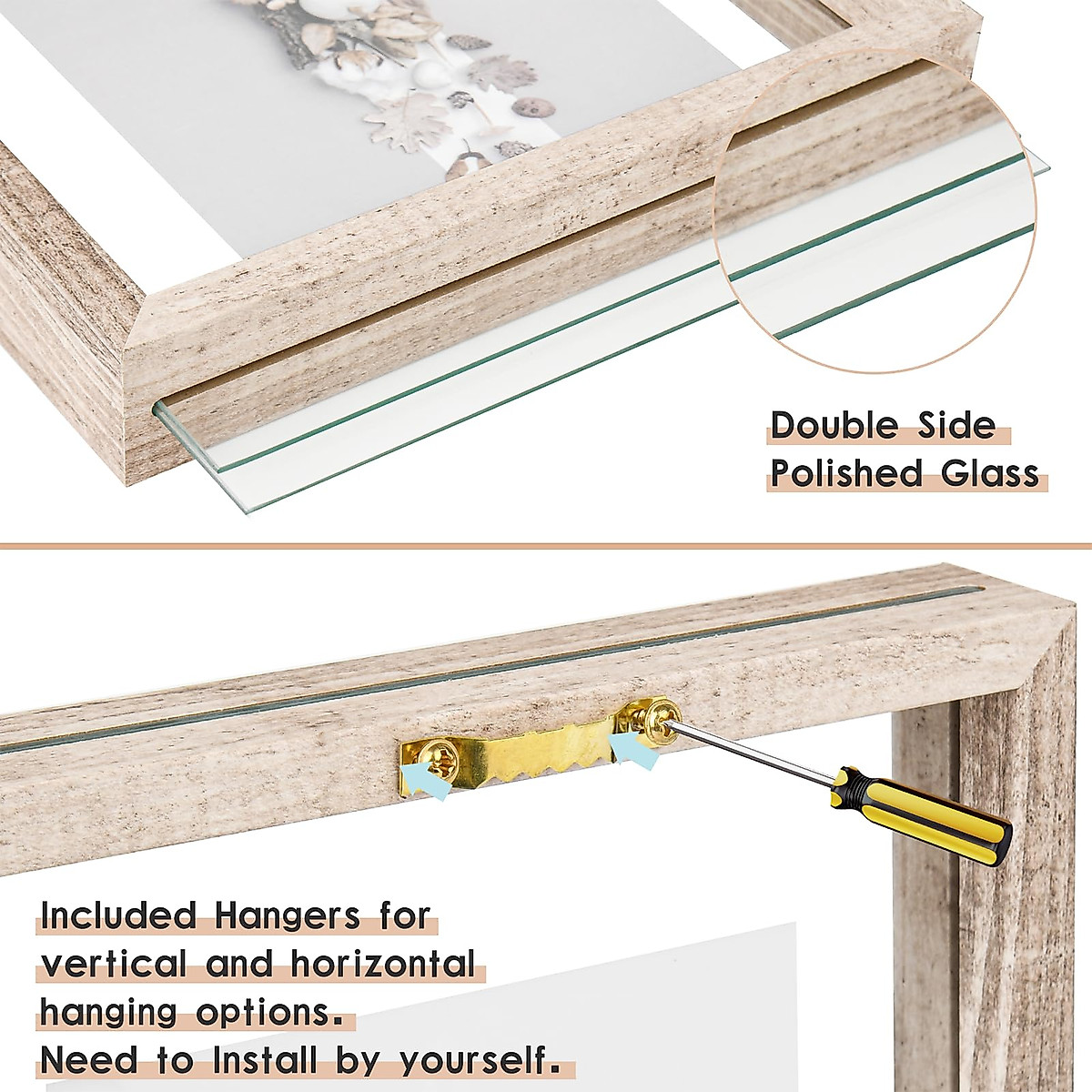 MUYE 5x7 Floating Frames Distressed Beige White Wood Pattern,Double Glass Picture Frame Display Any Size Photo up to 5x7,Wall Mount or Tabletop,2 Pack
