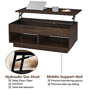HOMMPA Lift Top Coffee Table with Hidden Storage LED Coffee Table Dark Walnut Living Room 3 Tiers Tea Table with Storage Center Tables Hidden Compartment & 2 Open Shelves