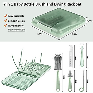 Hineriaeo Baby Bottle Drying Rack Kit, 7 in 1 Cleaner Set with Drying Rack,Silicone Bottle Brush,Straw Brush,Nipple Brush,Soap Dispenser,Spoon,Storage Box, Portable Baby Essentials for Home & Travel
