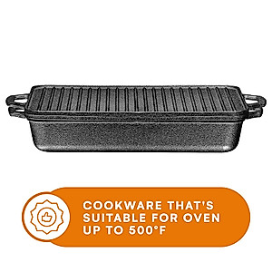 Bruntmor 3-In-1 Pre-Seasoned Cast Iron Pan with Reversible Grill Griddle Lid - 17.8"x11"x3.3" Non-Stick Multi Cooker Deep Roasting Grill Pan - Dutch Oven, Frying or Roasting Pan for Open Fire Camping