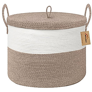 MEGASKET Large Basket with Lid, 20" x 20" x 15" Blanket Storage Basket for Living Room, Wicker Storage Basket with lid, Woven Cotton Rope Baskets for Storage, Big Throw Blankets Pillows Organizer Bins