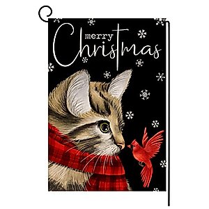 Christmas Cat Garden Flag 12x18 Vertical Double Sided Merry Christmas Cardinal Bird Farmhouse Winter Holiday Outside Decorations Black Burlap Yard Flag BW213