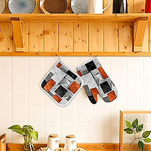 Oven Mitts, Geometric Figures Anti-Skid Cooking Gloves for BBQ, Microwave, Baking, Cooking, Thermal Insulation Hot Pads Potholders for Handling Hot Cookware Orange Grey Black Color Block