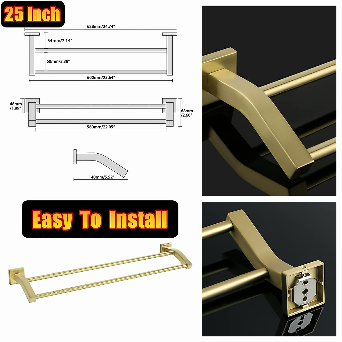 Alise Bath Double Towel Bars Towel Racks for Bathroom Lavatory,Wall Mount Towel Holder Heavy Duty SUS304 Stainless Steel Towel Hanger Towel Rail,Brushed Gold Finish,24 Inch