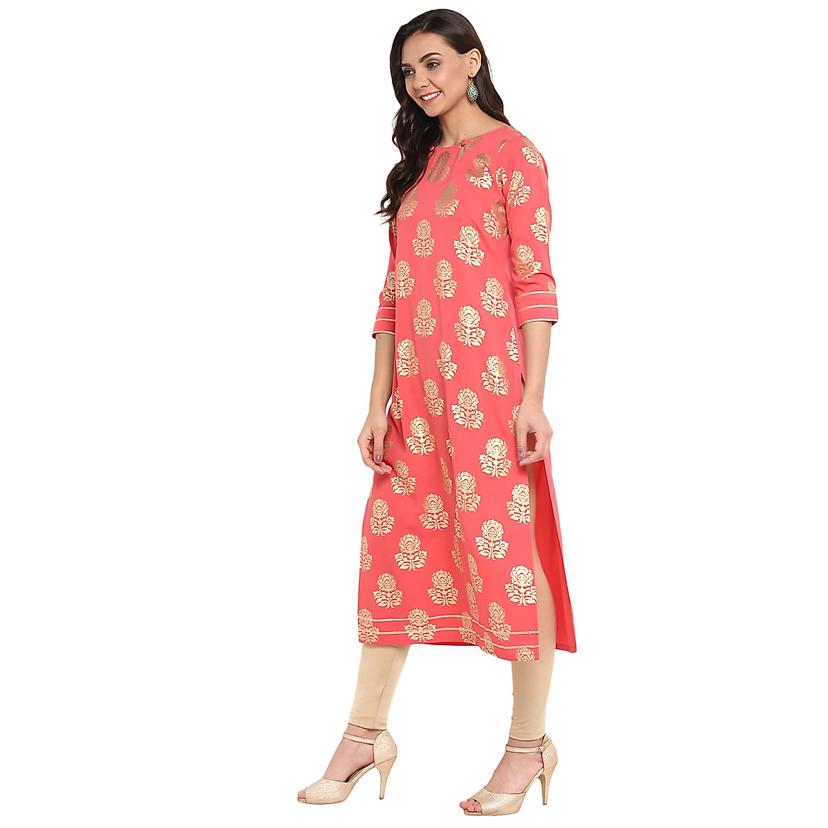 Janasya Indian Women's Tunic Tops Crepe Kurti for Women(JNE3261-KR-XL) Peach