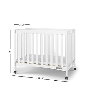 Child Craft London Mini Compact Folding Portable Crib with 2” Crib Mattress and 2 Easy Roll Locking Wheels, Durable Pine Wood Construction (Matte White)
