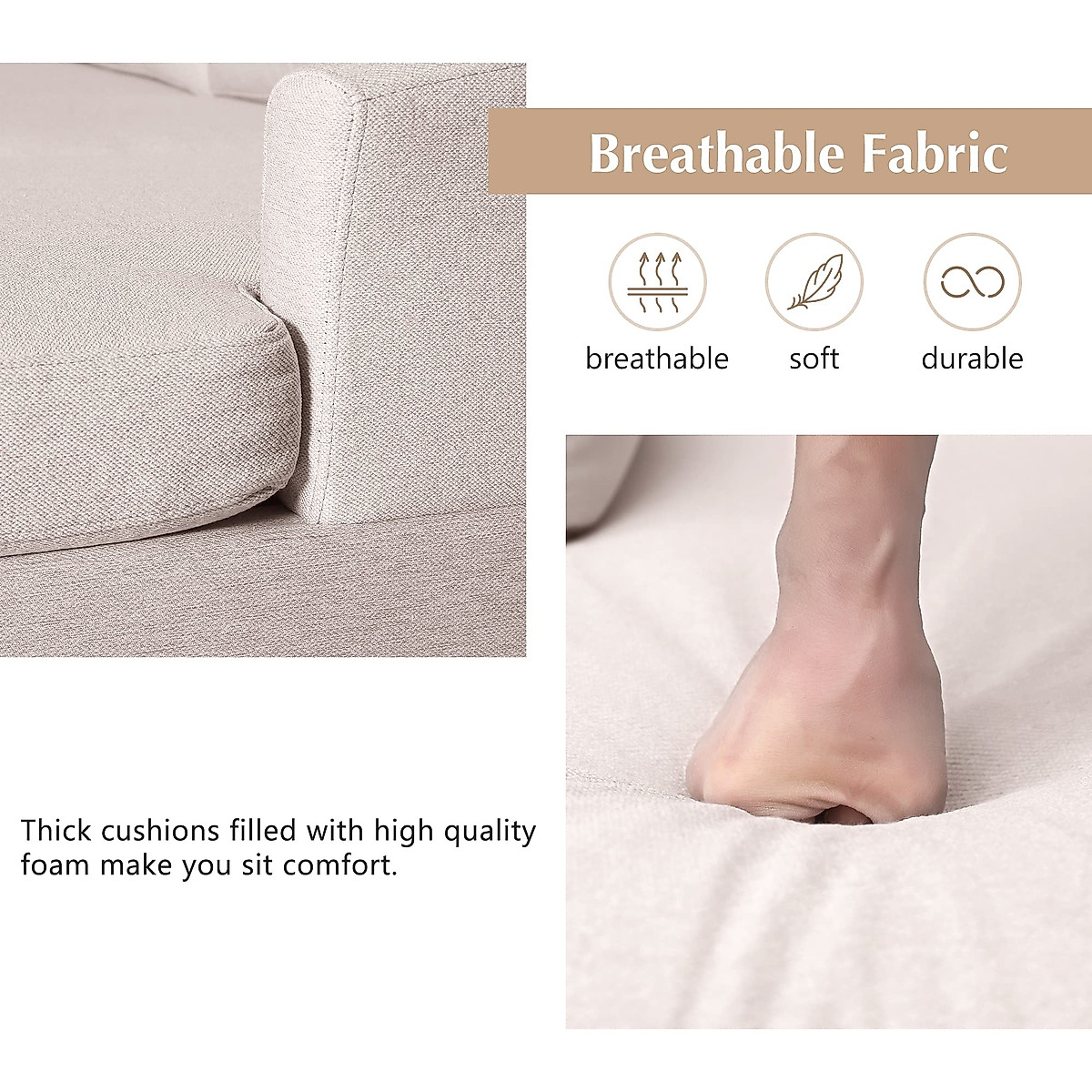 WILLIAMSPACE 116" Sectional Sofa for Living Room, Large U-Shaped Sofa Couch with Chaise Lounge, Upholstered Modular Sofa for Home Office - Beige