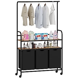 kepptory Laundry Basket 3 Section, 3 × 11.5 Gal (47L), Laundry Hamper Laundry Sorter 3 Section with Shelves and Clothes Hanging Bar, Rolling 3 Compartment Laundry Hamper for Laundry Bathroom Bedroom