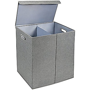 Greenco Double Laundry Hamper w/Lid, Gray | 2 Section/Compartment, Divided, Foldable Hampers | Dirty Clothes/Landry Basket, Bag, Organizer, Storage | Room Organization Accessories, Bedroom Essentials