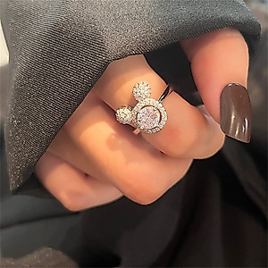 Halo CZ Mouse Statement Ring for Women Girls Silver Plated Cubic Zirconia Cute Mice Animal Promise Adjustable Expandable Finger Band Ring Comfort Fit Dainty Christmas Birthday Party Jewelry Gift