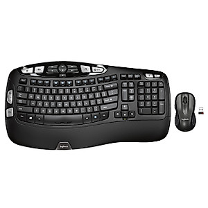 Logitech MK550 Comfort Wave Wireless Keyboard & Mouse Combo Travel Home Office Modern Bundle with Set of 2 Pro Portable Wireless Bluetooth Speakers, Charging Tray, Gel Wrist Pad & Gel Mouse Pad