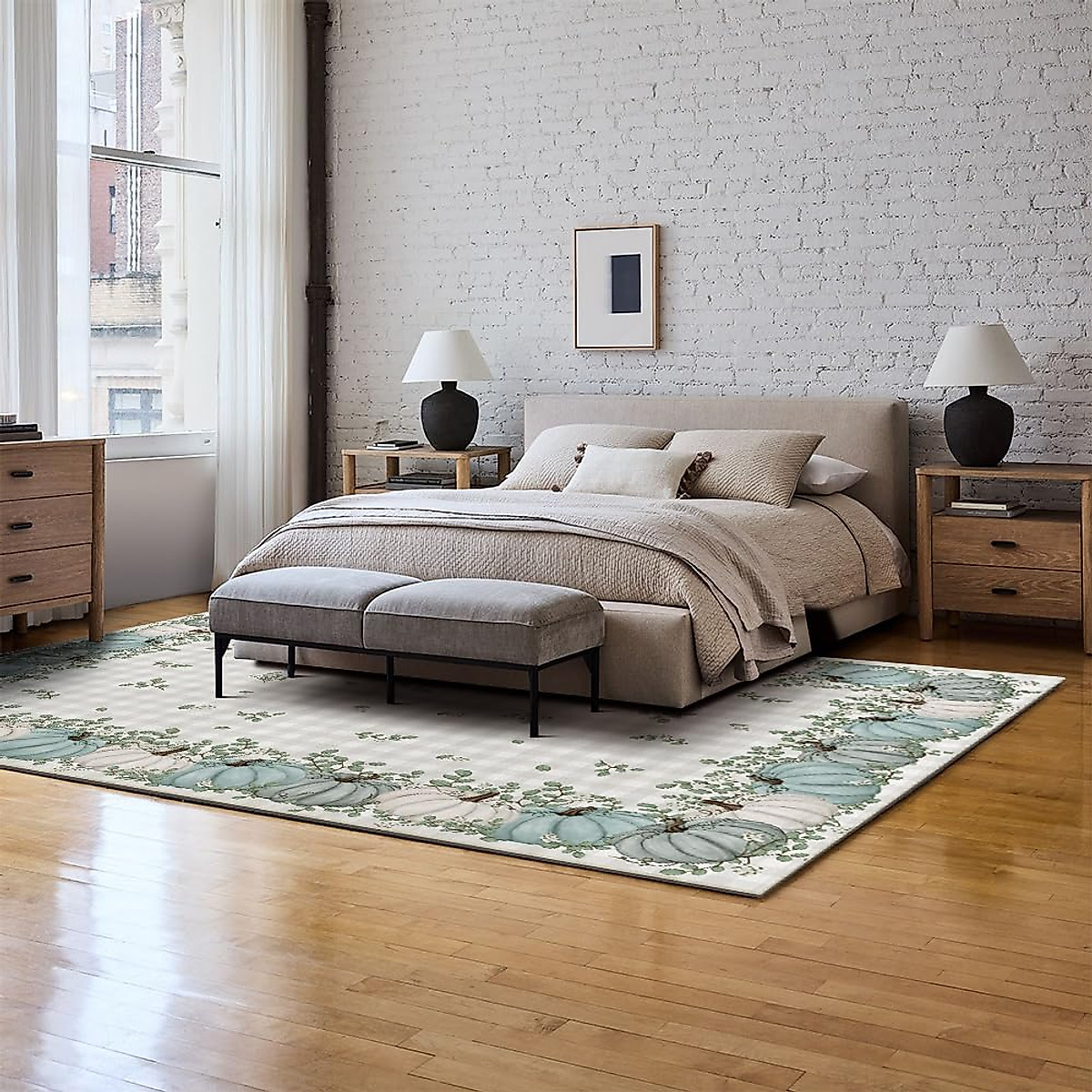 Artoid Mode Blue Pumpkins Eucalyptus Leaves Fall Area Rug, Autumn Thanksgiving Home Decor Low-Profile Washable Area Rugs for Entryway Bedroom Living Room Laundry Room Indoor 5x7 Feet