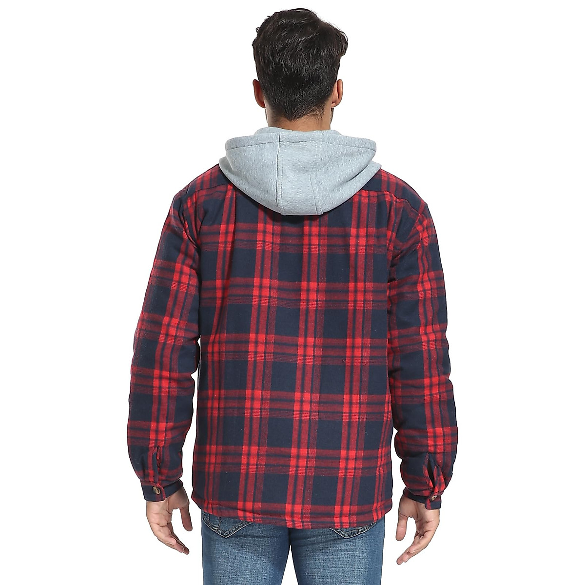 PEGENO Men's Long Sleeve Plaid Button Quilted Lined Flannel Shirt Jacket with Hood（Red Grid-US X-Large）