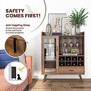 LOKO Wine Bar Cabinet, Farmhouse Coffee Bar Cabinet with Tempered Glass Door, 3-Row Glass Holder & 8-Grid Wine Rack, Buffet Sideboard with Wine Display, Rustic Brown