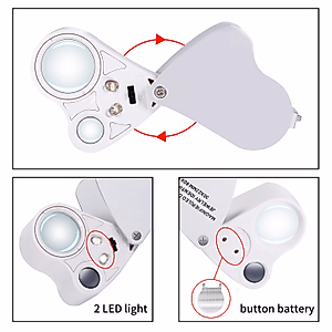 Jiusion Portable Lighted LED Illuminated Jewelry Magnifier 30X 60X Wearable Handheld Dual Lens Eye Loupe Magnifying Glasses Micro Microscope with Keychain and Lanyard