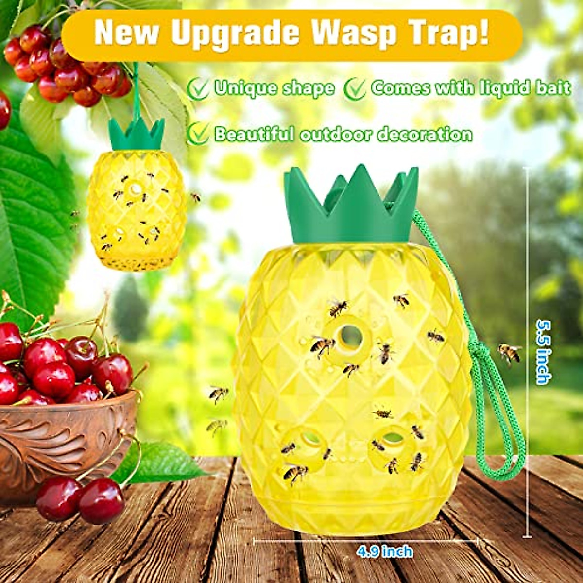 Wasp Trap Outdoor Hanging, Wasp Bee Traps Repellent Outdoor Wasp Deterrent Killer Insect Catcher, Non-Toxic Reusable Hornet Traps Yellow Jacket Traps Outdoor Hanging (2 Pack, Pineapple Shape)
