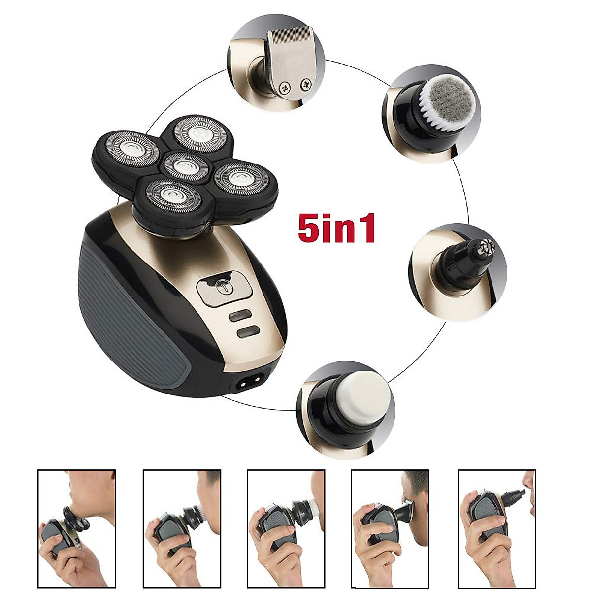 Men's 5-in-1 Electric Rotary Shaver, 5D Wet Dry Bald Head Grooming Kit/Five-Headed Beard Hair Razor, Cordless and Rechargeable with Beard/Nose Hair Trimmer, Hair Clipper, Facial Cleansing Brush