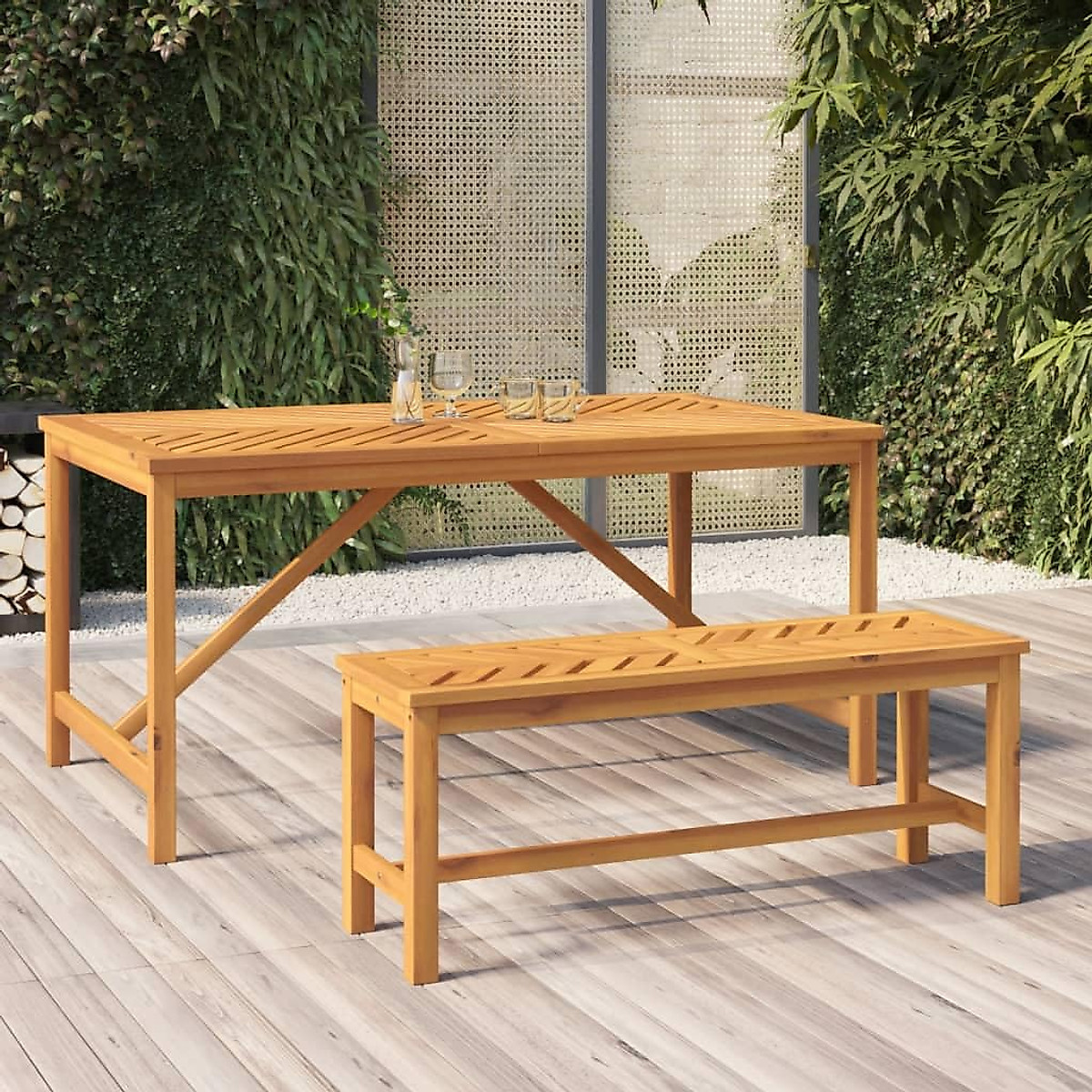 vidaXL Solid Acacia Wood Patio Bench 31.5" | Comfortable Outdoor Seating | Elegant Fishbone Pattern Slats | Assembly Required | Easy Maintenance