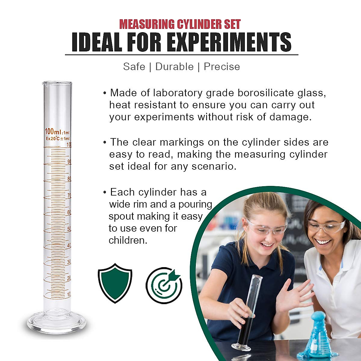 moveland Glass Graduated Measuring Cylinders Set - 5ml/10ml/25ml/50ml/100ml, Premium Borosilicate Cylinders Kit with 3 Pipettes + 2 Clear Brushes + 1 Stirring Rod