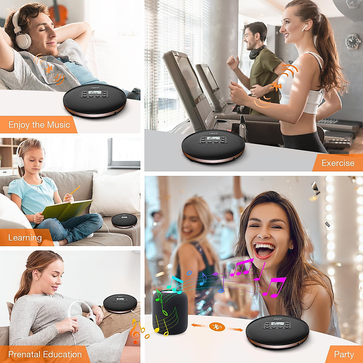 HOTT CD Player Portable with Bluetooth, Portable CD Player, CD-R,MP3 USB Rechargeable Walkman CD Player with Headphones and AUX Cable for Car Travel, Discman CD Player with Shockproof （CD711T）
