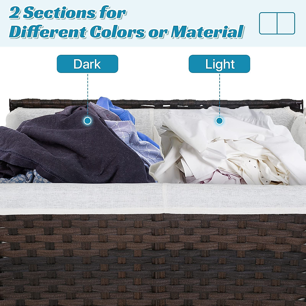 HKLGorg Laundry Hamper 90L Hamper for Laundry Clothes Hamper Laundry Basket with Lid Wicker Laundry Basket with 2 Removable Liner Bags 6 Laundry Bags Woven Laundry Basket for Bedroom Bathroom, Brown