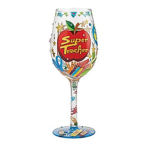 Enesco Designs by Lolita Super Teacher Hand-Painted Artisan Wine Glass, 15 Ounce, Multicolor