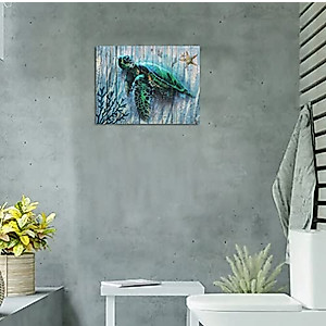 Arjun Bathroom Decor Teal Canvas Green Sea Turtle Wall Art Prints Submarine Picture One Panel 16"x12" Blue Sea-Plant Modern Landscape Painting Framed for Living Room Bedroom Home Office Spa Wall Decor