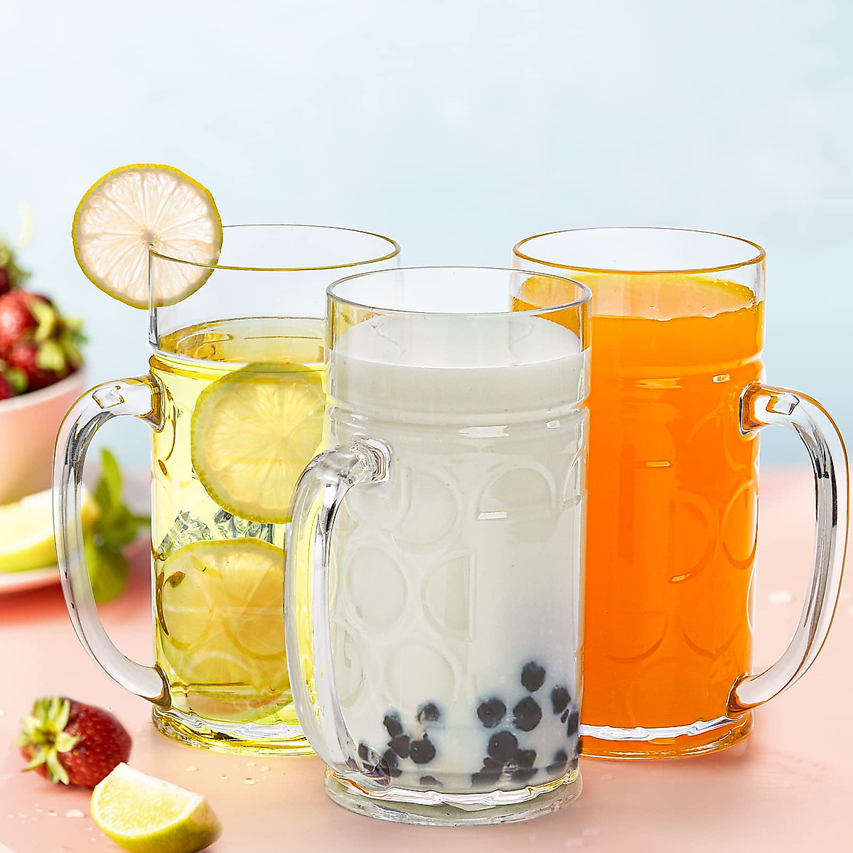 Mezchi 6 Pack Plastic Beer Mugs, 20 oz./600ml Beer Steins with Handles, Resuable Beer Drinking Cups, Clear Large Beer Mugs for Bar, Beverages, Alcohol, Freezable, BPA Free