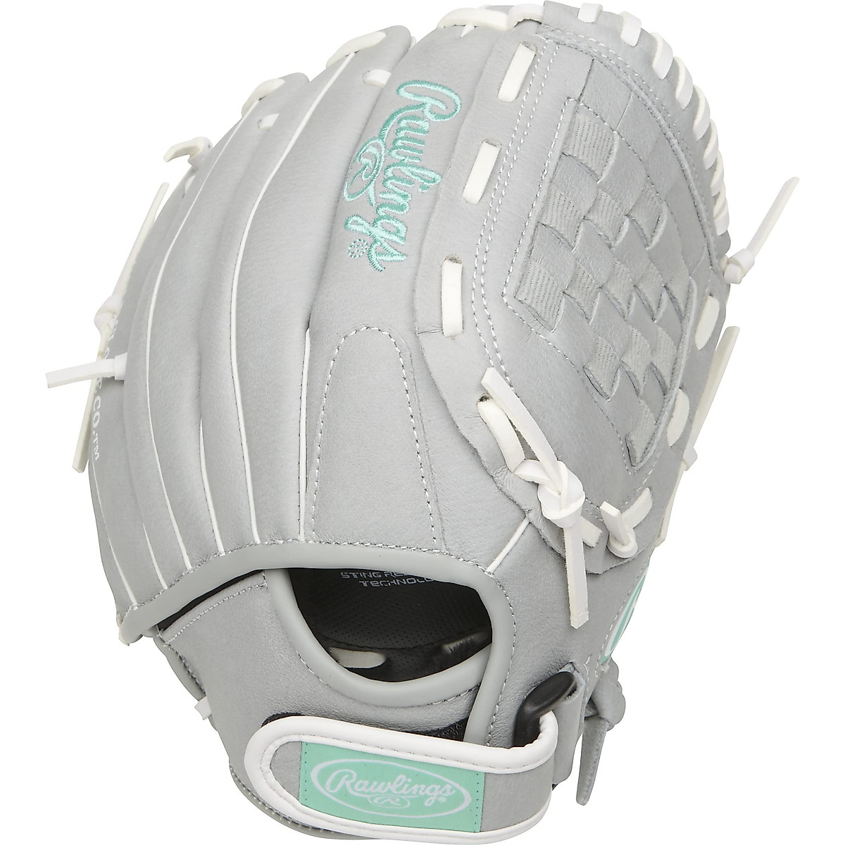 Rawlings Sure Catch Series Fastpitch Softball Glove, Teal/Grey/White, Right Hand Throw, 11 inch (SCSB110M-6/0 11 BSK/NFC)