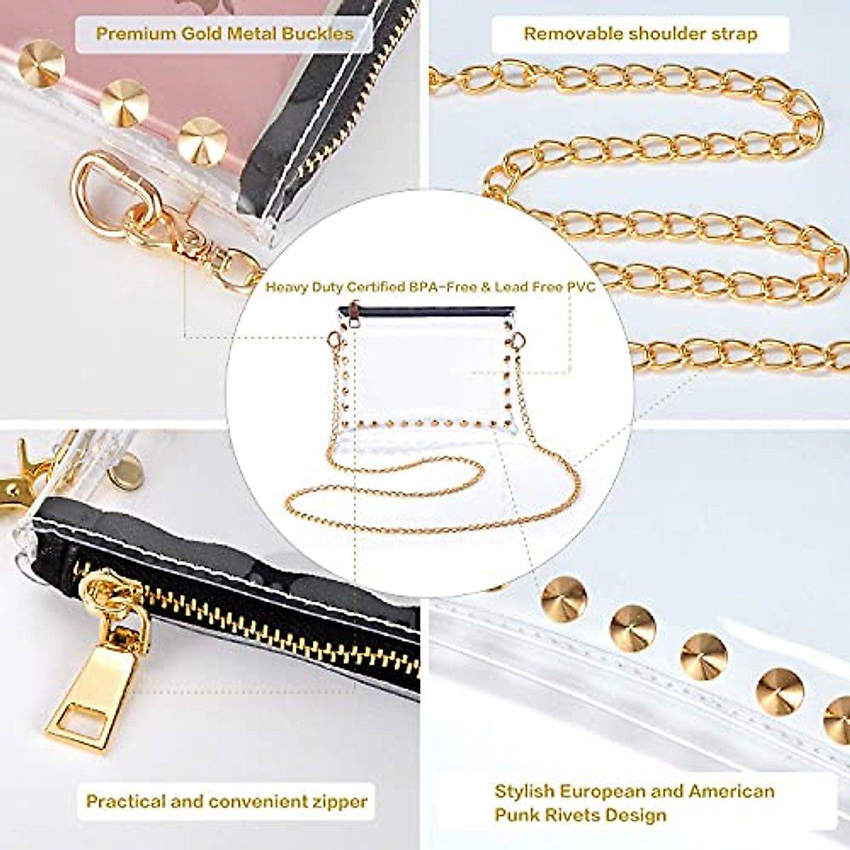 Y&R Direct Rivets Clear Bag Clear Purse Clutch Removable Chain Strap Concert Venues Stadium Approved PVC