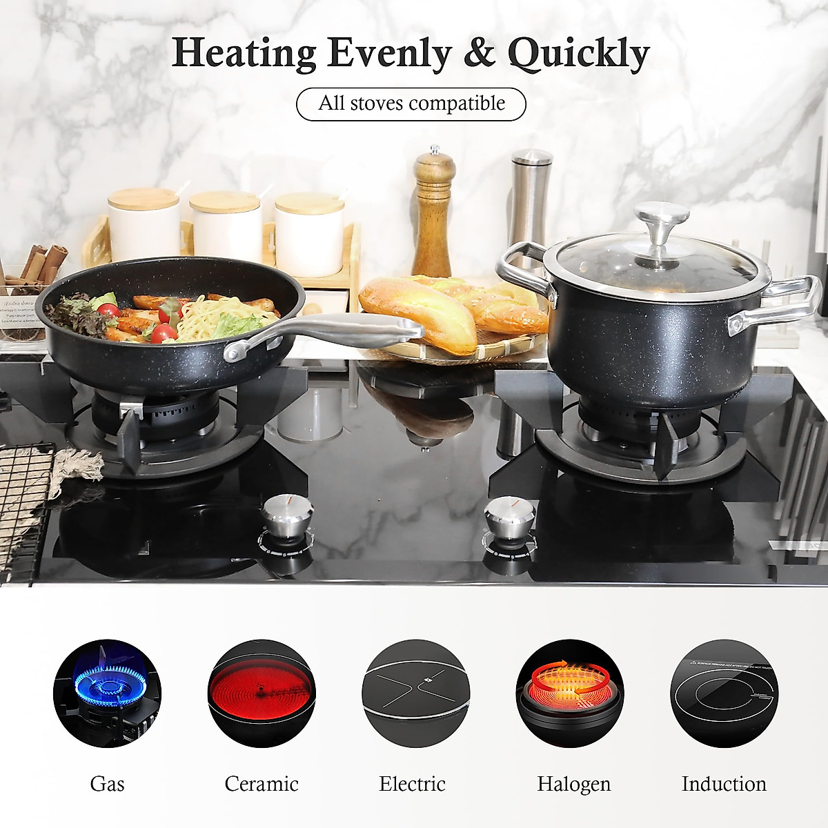 Aufranc 7pcs Nonstick Pots and Pans Set, Stainless Steel Non Stick Cookware Set, Kitchen Induction Cooking Pot and Pan Set Compatible with All Cooktops, Oven & Dishwasher Safe, Non-Toxic (Black)