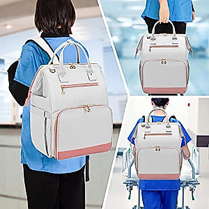 Damero Nurse Bag for Work Supplies, Nurse Backpack with Laptop Sleeve for Home Care Nurse and More, Patent Design(Light Gray-Pink)