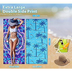 Microfiber Sand Free Beach Towel Thin Quick Dry Super Absorbent Large Lightweight Towels for Travel Sports Pool Swimming Bath Yoga Girls Women Adults Boho Palm Tree Blue Mandala