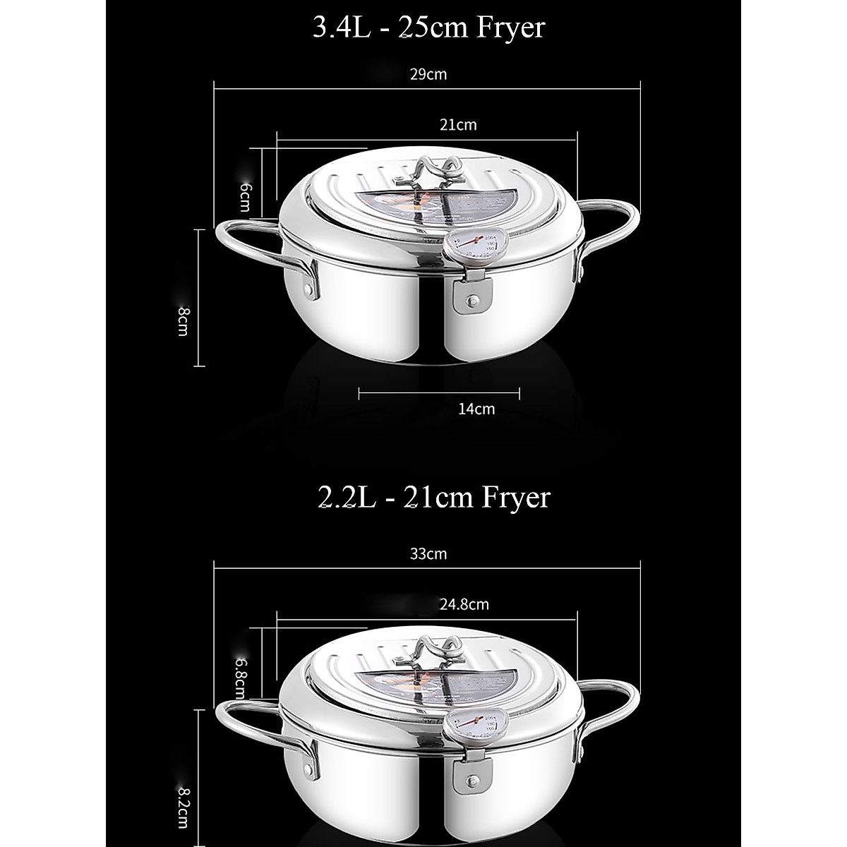 Deep Fryer Pot 304 Stainless Steel Japanese Frying Pot 3.4L/9.4 Inch Tempura Frying Pot with Lid, with Temperature Control Oil Drip Drainer Rack for Fried Chicken, Shrimp, French Chips dip