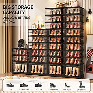 CIMLORD 9-Tier Foldable Shoe Rack for Closet Entryway 18-36Pairs,Stackable Clear Shoe Storage Boxes Organizer with Door Plastic Shoe Cabinet Bins with Lids Shoes Shelf Easy Assembly Large Black
