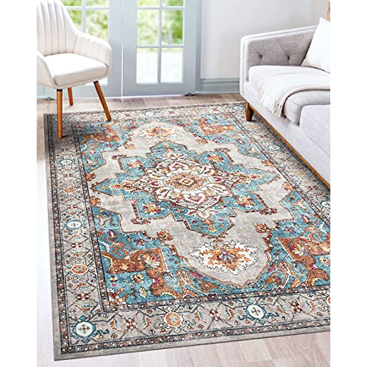 3x5 Area Rug for Living Room Bedroom: Large Washable Rug with Non-Slip Backing Non-Shedding Stain Resistant, Farmhouse Rug, Carpet for Dining Room Nursery Home Office Indoor Grey/Teal