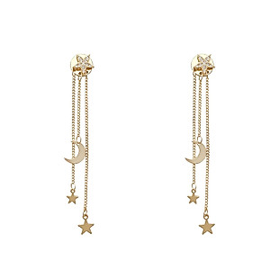 Asymmetrical Star Moon Tassel Drop Dangle Earrings for Women Dainty Long Lucky Star Crescent Planet Chain Tassel Earrings (Gold:A)