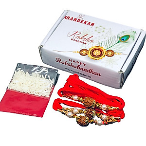 KHANDEKAR Set of 3 Pc Single Rudraksha Rakhi for Brother Bhaiya Bhabhi Traditional Handmade Premium Quality Designer Rakhi Set with Roli Chawal, Rakhi Thread Rakhdi Bracelets
