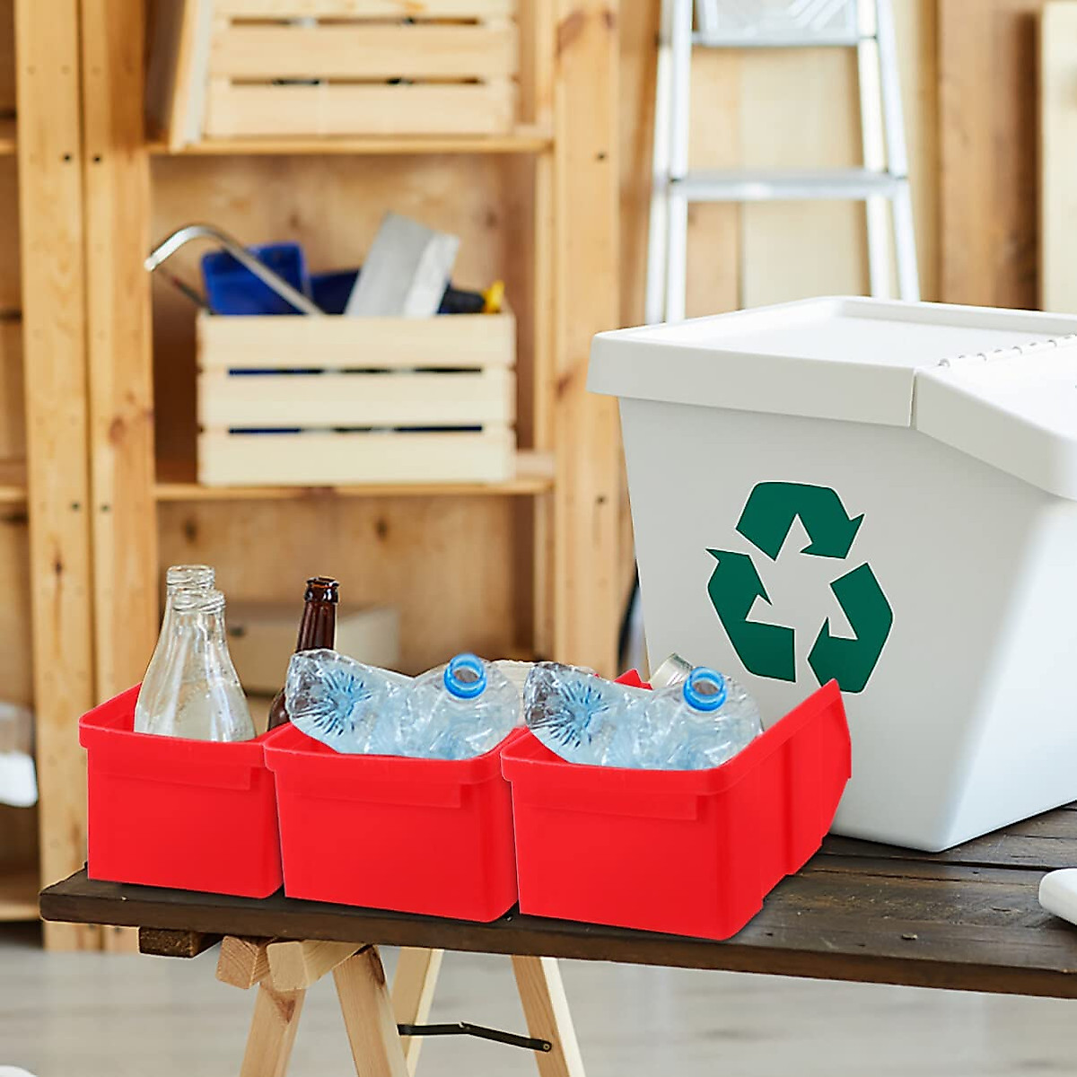 Angoily 10PCS Plastic Storage Bin Hanging Stacking Containers, Stackable Storage Bins Workshop Tool Organizer Bins for Parts Garage (Red, 3.93X 3.73X1.97inch)