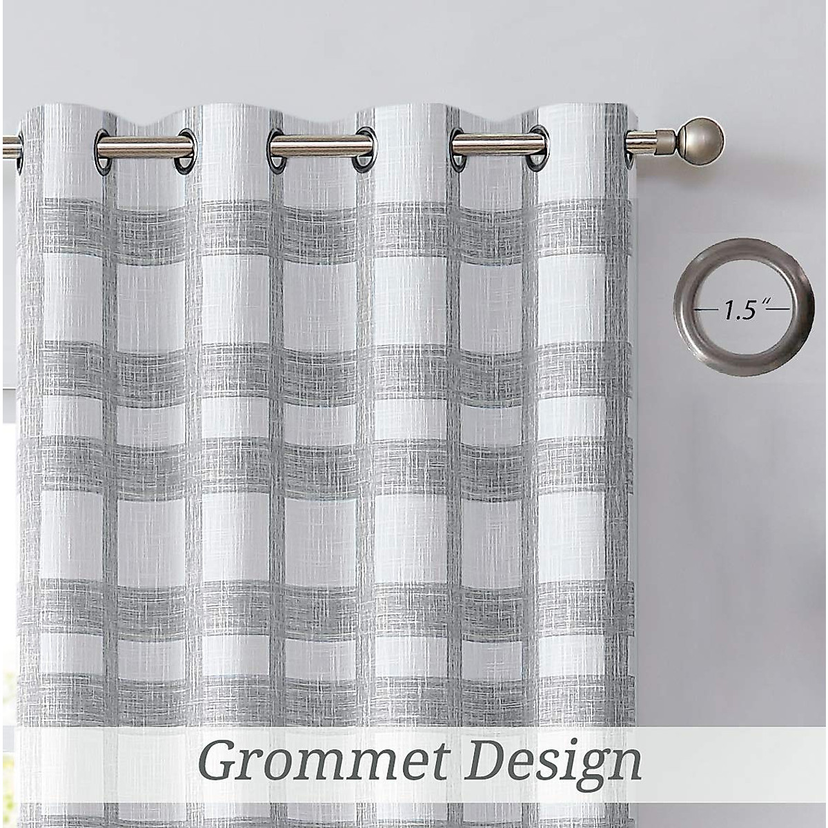 Central Park White Grey Plaid Blackout Window Curtain Linen Buffalo Check Geometric Panel 84" Long for Bedroom Living Room Grommets Top Rustic Farmhouse Room Darkening Thermal Insulated Drape, 1 Pc