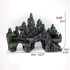PakyKai Large Fish Tank Decorations, Mountain View Aquarium Ornament with Tree House Cave Bridge Artificial Plastic Plants Aquarium Decorations