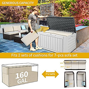 DWVO XL 160 Gallon Large Deck Box, Waterproof Outdoor Storage Box for Patio Furniture Cushions, Garden Tools and Pool Supplies,Weather Resistant Resin, Lockable, Light Grey