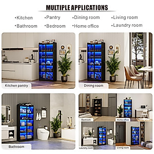 Display Cabinet with Doors and Adjustable Shelves, 65" Tall Bookcase with LED Lights/Human Sensor, 5 Tier Display Case for Collectibles Bedroom Living Room Office, Black - Smoked Black Door