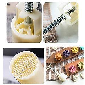 Moon Cake Mold 6 PCS, Mid Autumn Festival DIY Hand Press Cookie Stamps Pastry Tool Moon Cake Maker, Flower Mode Patterns 1 Mold 6 Stamps 50g (White).