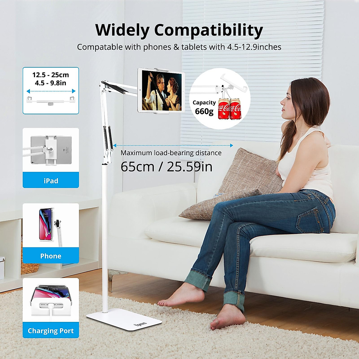 Spessn Adjustable Tablet Floor Stand Universal 360-degree Rotatable Metal Tablet Holder Phone Stand Compatible iPad/iPhoneX/iPad Pro 4.5~12.9 Inch-Screen, Phone, Kindle (White)