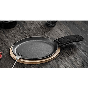 HAWOK Cast Iron Fajita Plate Sizzler Pan Set with Bamboo Tray and Handle Holder, Set of 4, Pre-seasoned Cast Iron Skillet with Bamboo Base and Handle Cover