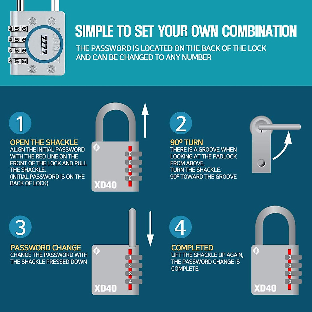 Zarker XD40 Combination Lock, 4 Digit Padlock for School Gym Sports Locker, Fence, Toolbox, Case, Hasp Storage (1-Pack, Emerald)