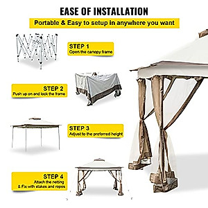 Happybuy Outdoor Canopy Gazebo Tent, Portable Canopy Shelter with 12'x12' Large Shade Tents for Parties, Backyard, Patio Lawn and Garden, 4 Sandbags, Carrying Bag and Netting Included, Brown